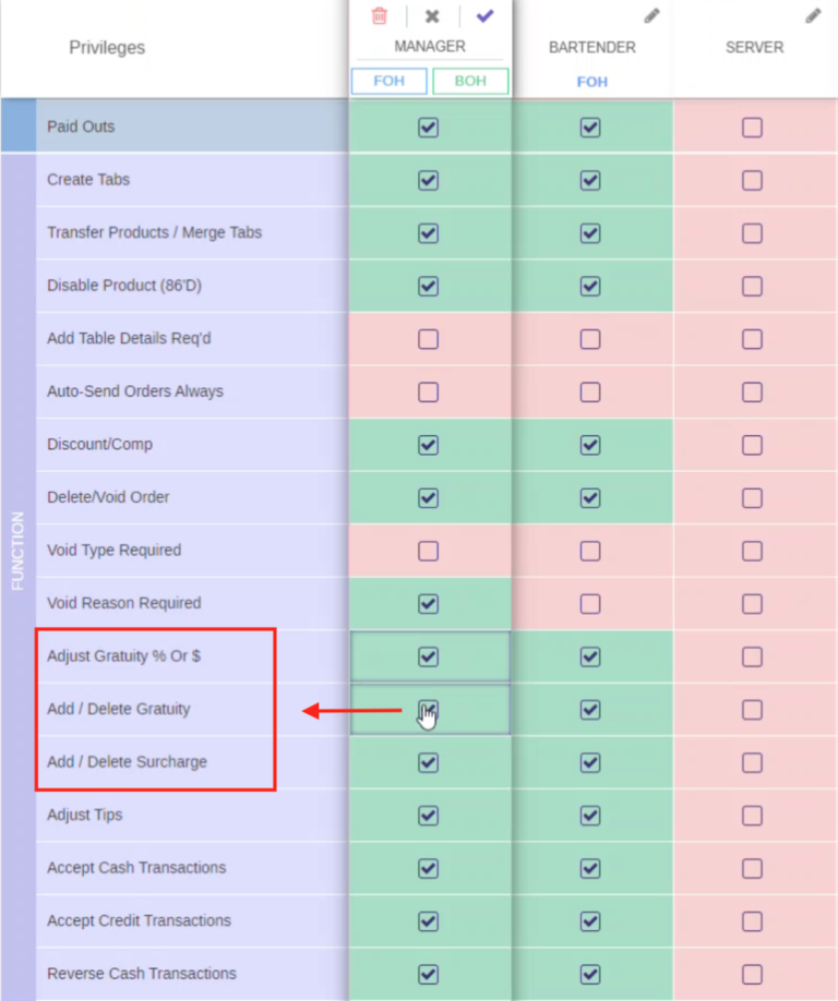 How to give a role privilege to add, remove, and adjust gratuity and ...